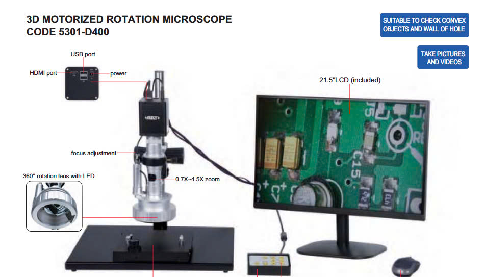 INSIZE 5301-D400 3D Motorized Rotation Microscope (15~100X; 1920x1080 ...