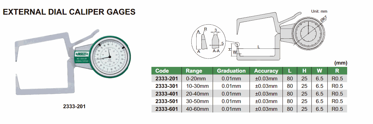 INSIZE 2333-201 External Dial Caliper Gage (0-20mm) | EMIN.COM.MM