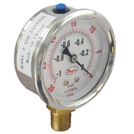 Dwyer SGY-D10722N Dual Scale Pressure Gauge, 1,000 psi/bar, ± 1.5% ...