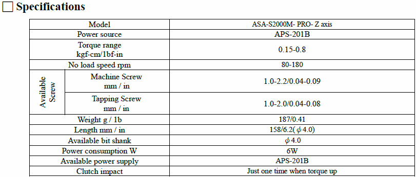 ASA ASA-S2000M PRO Full-auto shut off electric screwdriver (9-19V, 7.5W ...