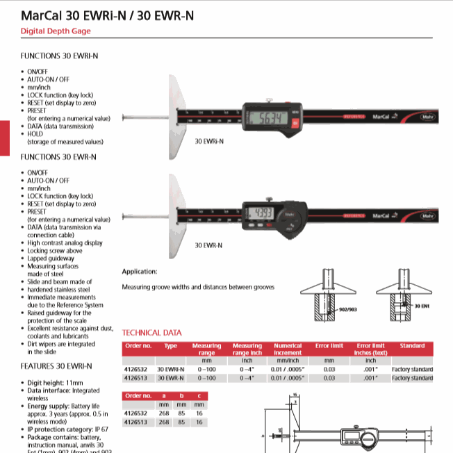 Mahr 4126513 Digital Depth Gage (30 EWR-N, 0-100mm/0-4") | EMIN.COM.MM