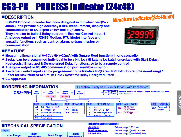 Adtek CS3-PR PROCESS Indicator (10V, 20mA) | EMIN.COM.MM