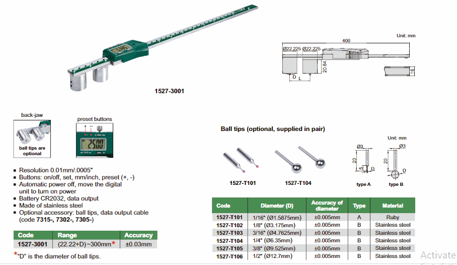 INSIZE 1527-3001 Digital Caliper With Interchangeable Ball Tip ((22.22 ...